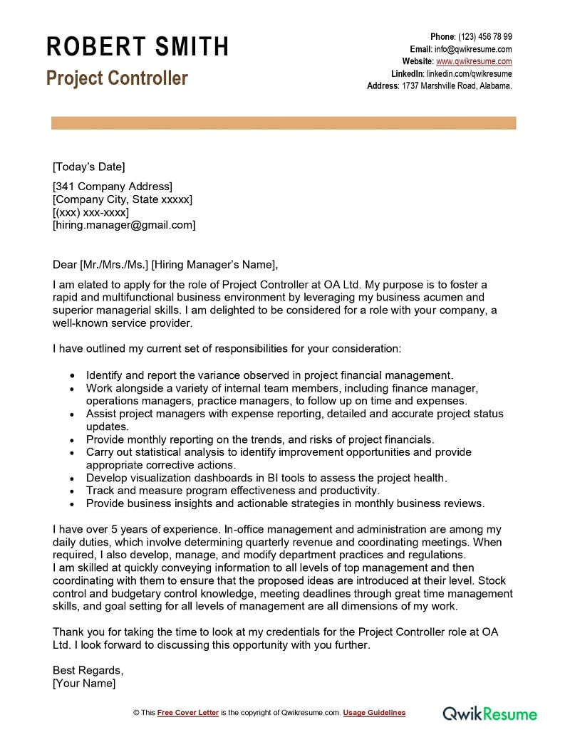 Project Controller Cover Letter Examples QwikResume