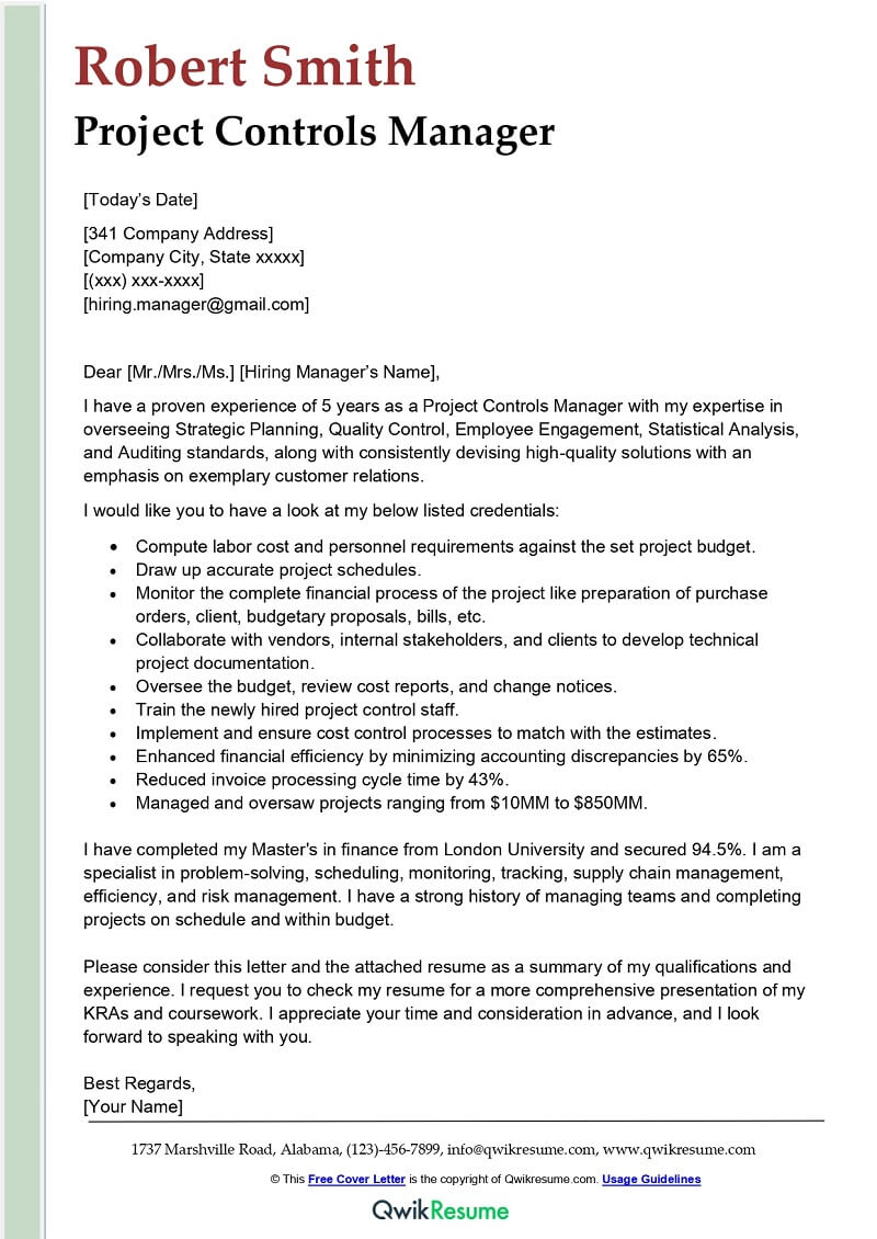 Project Controls Manager Cover Letter Examples QwikResume