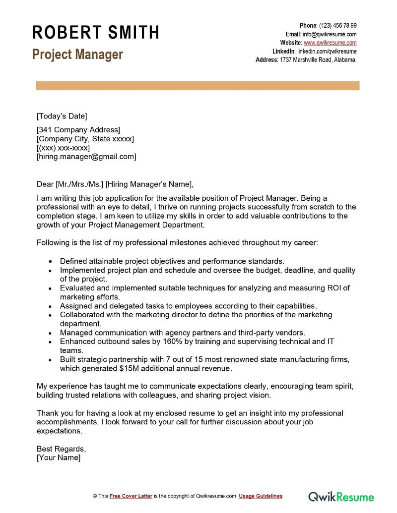 Project Manager Cover Letter Examples QwikResume