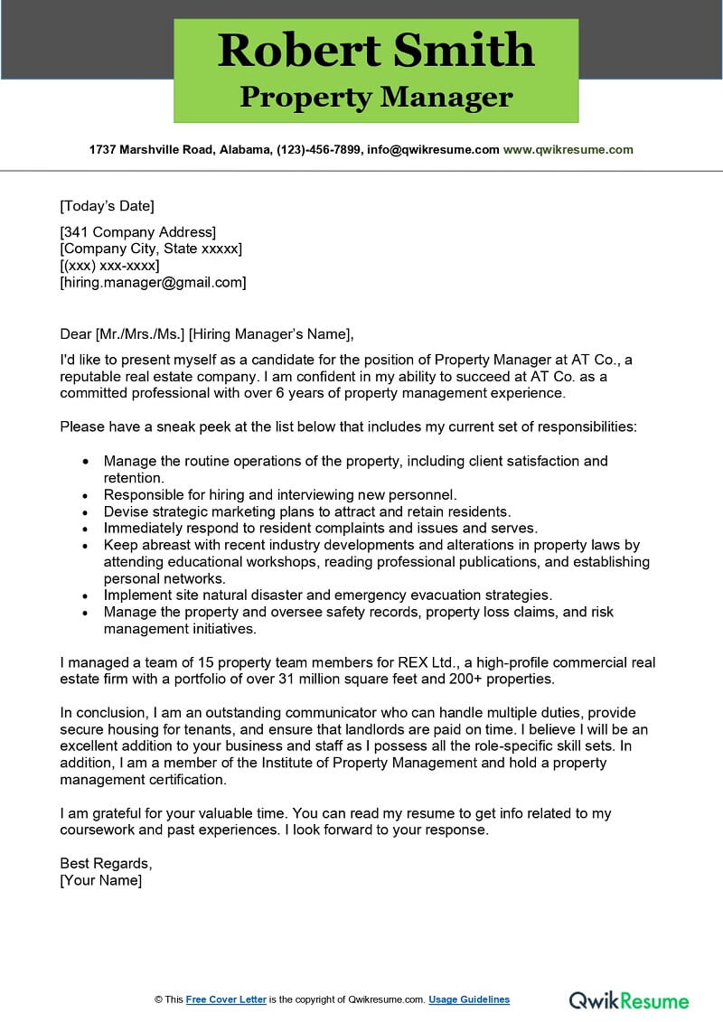 Property Manager Resume Cover Letter
