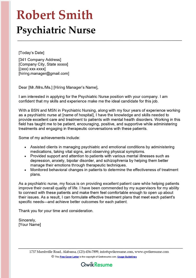 Psychiatric Nurse Cover Letter Examples QwikResume