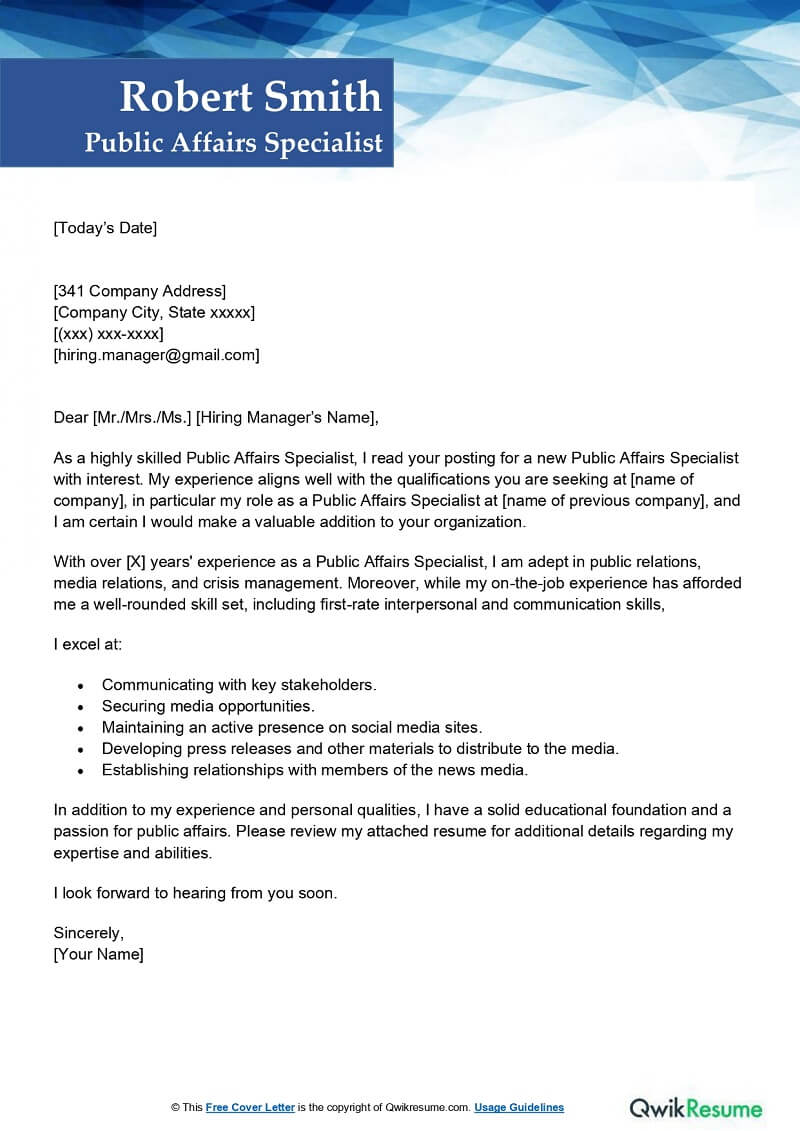 Public Affairs Specialist Cover Letter Examples QwikResume