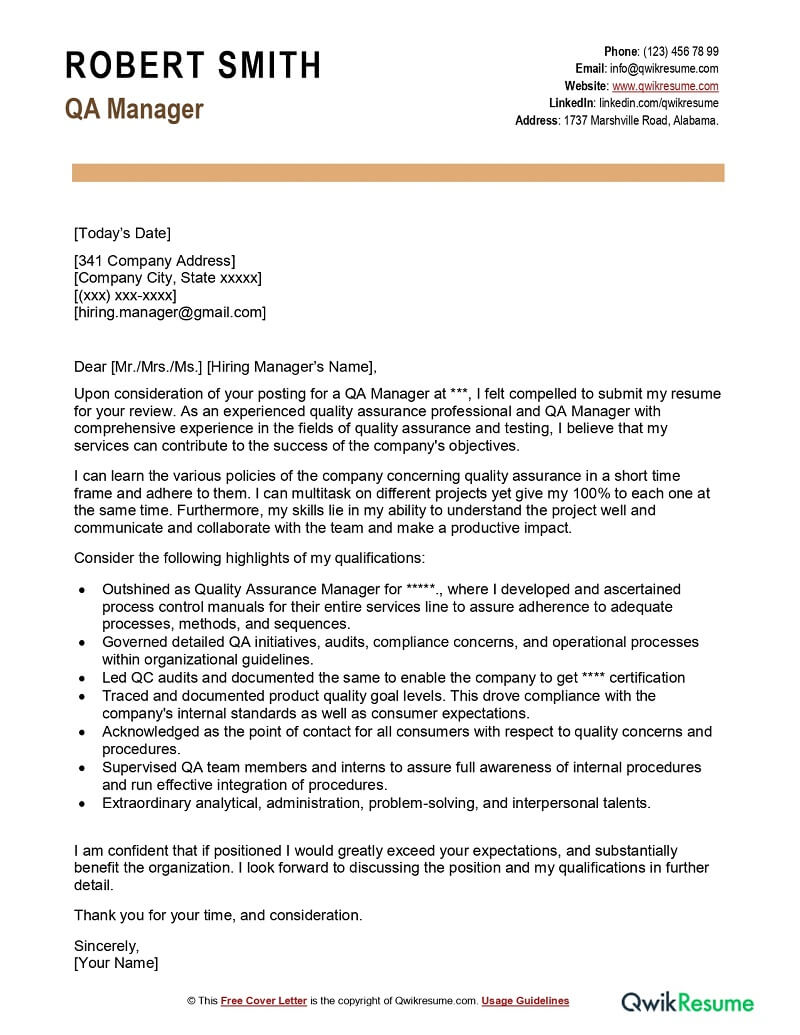QA Manager Cover Letter Examples QwikResume