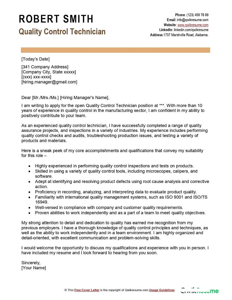 Water Treatment Technician Cover Letter Examples QwikResume