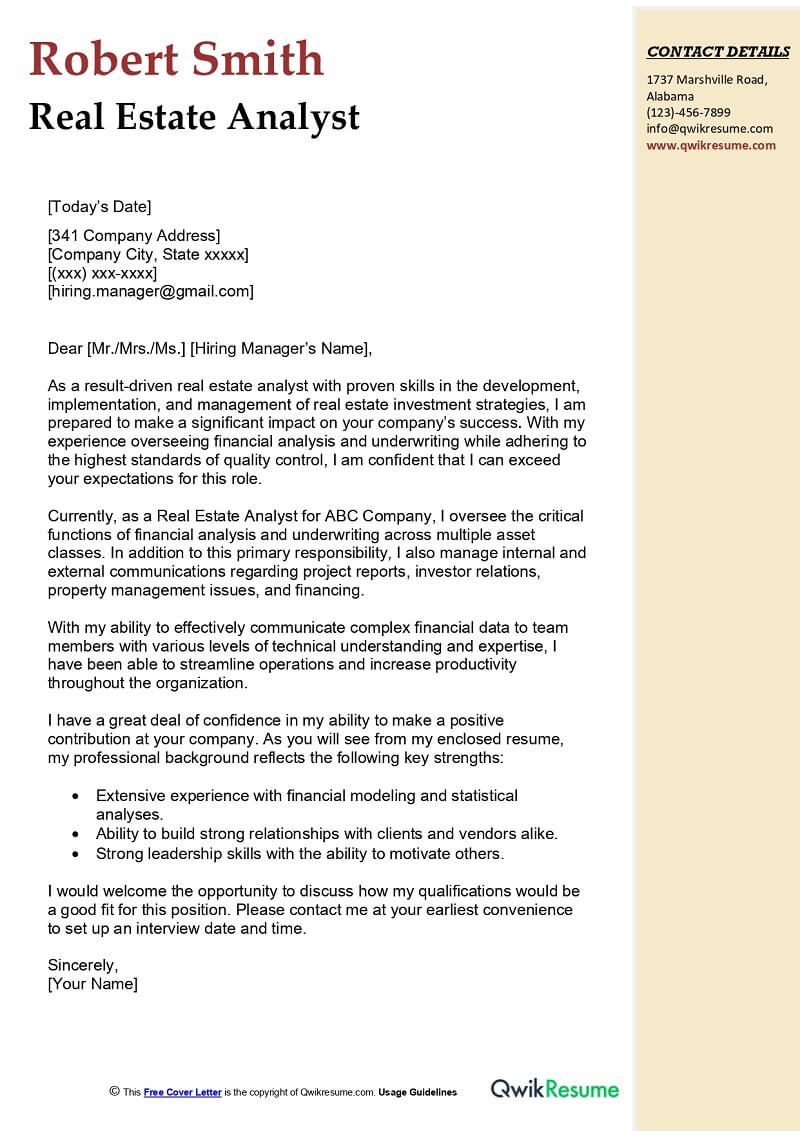 Real Estate Analyst Cover Letter Examples QwikResume