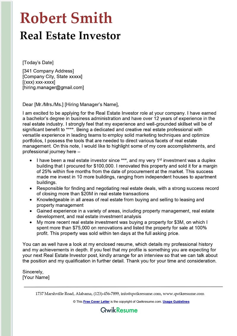 Real Estate Investor Cover Letter Examples QwikResume