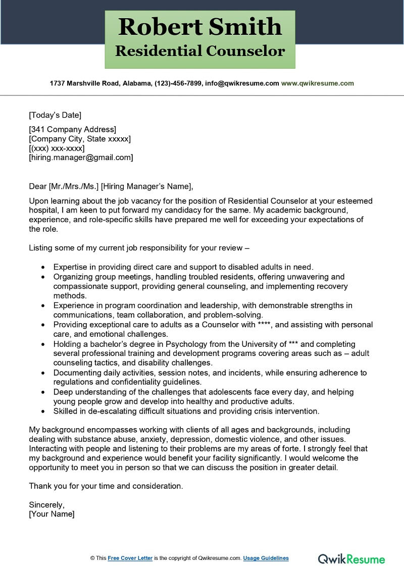 Residential Counselor Cover Letter Examples QwikResume