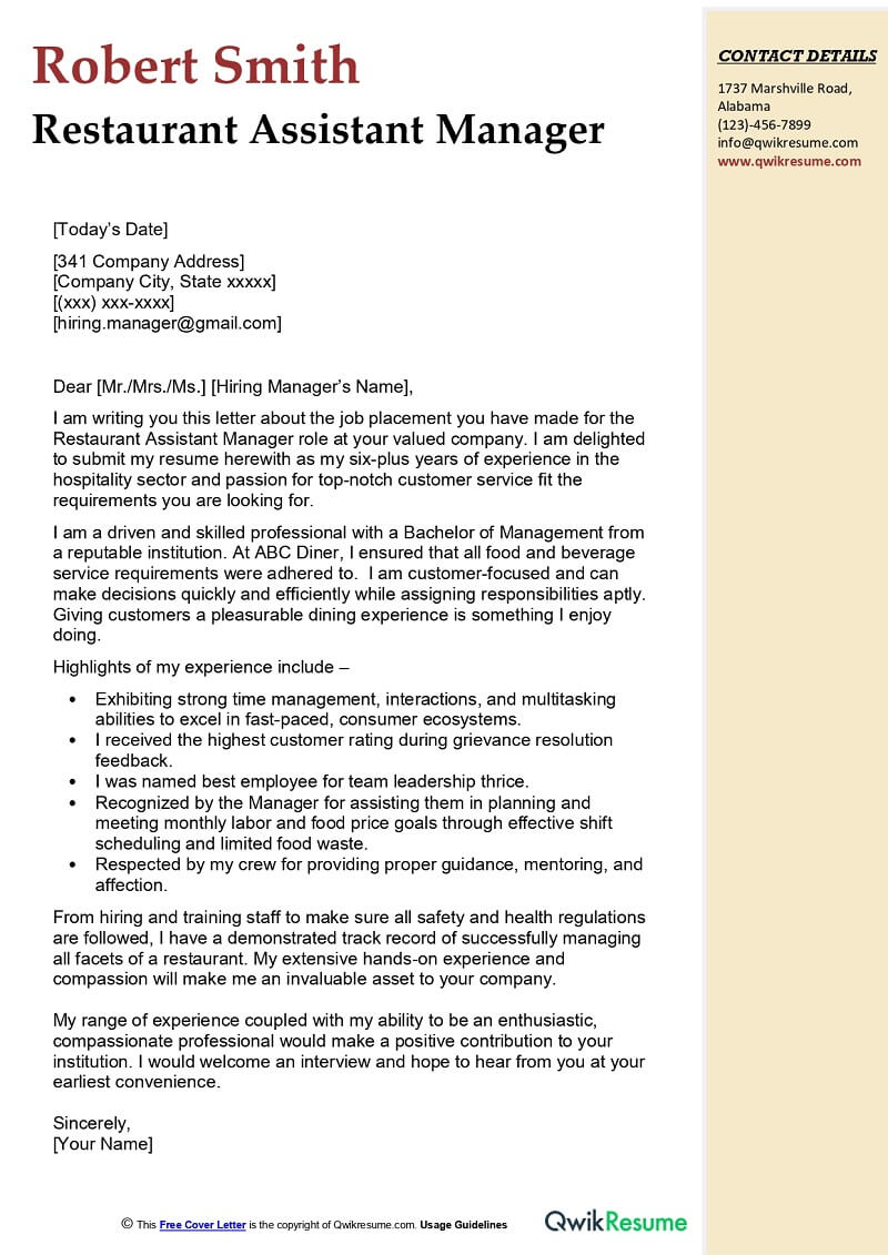 Restaurant Manager Cover Letter Examples QwikResume