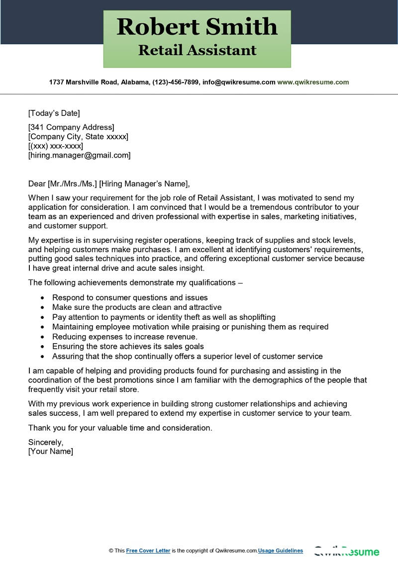 Application Letter For A Retail Assistant