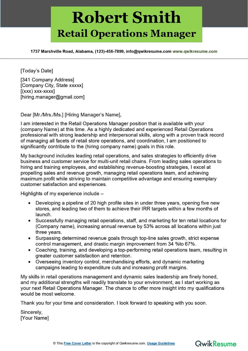  Retail Operations Manager Cover Letter Examples QwikResume