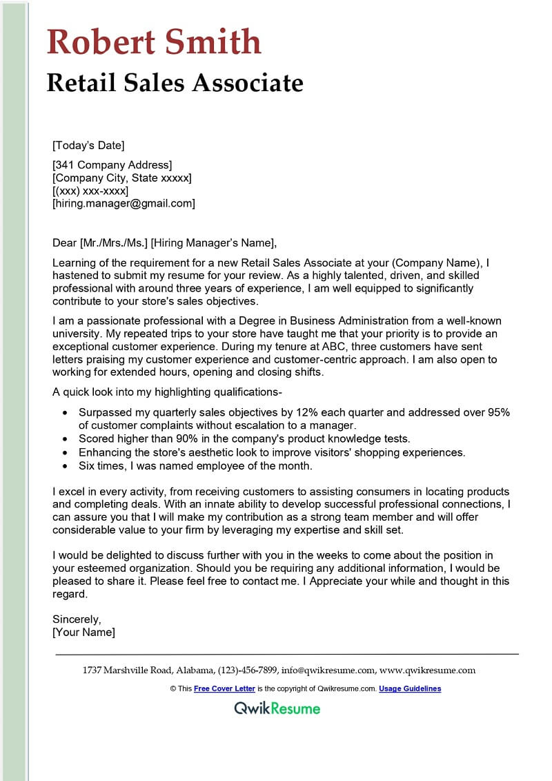  Sales Associate Cover Letter Template Retail Sales Associate Cover 