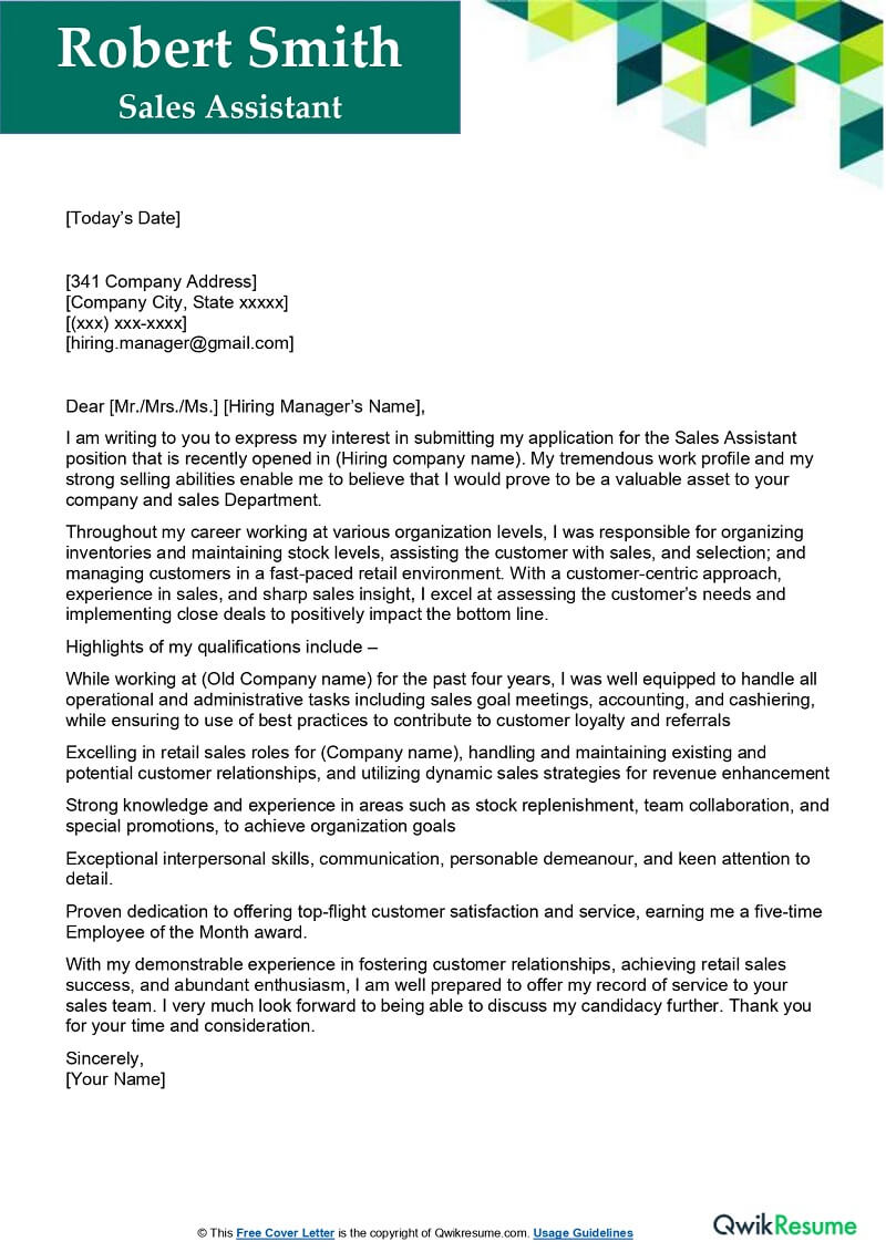 Sales Assistant Cover Letter Examples QwikResume