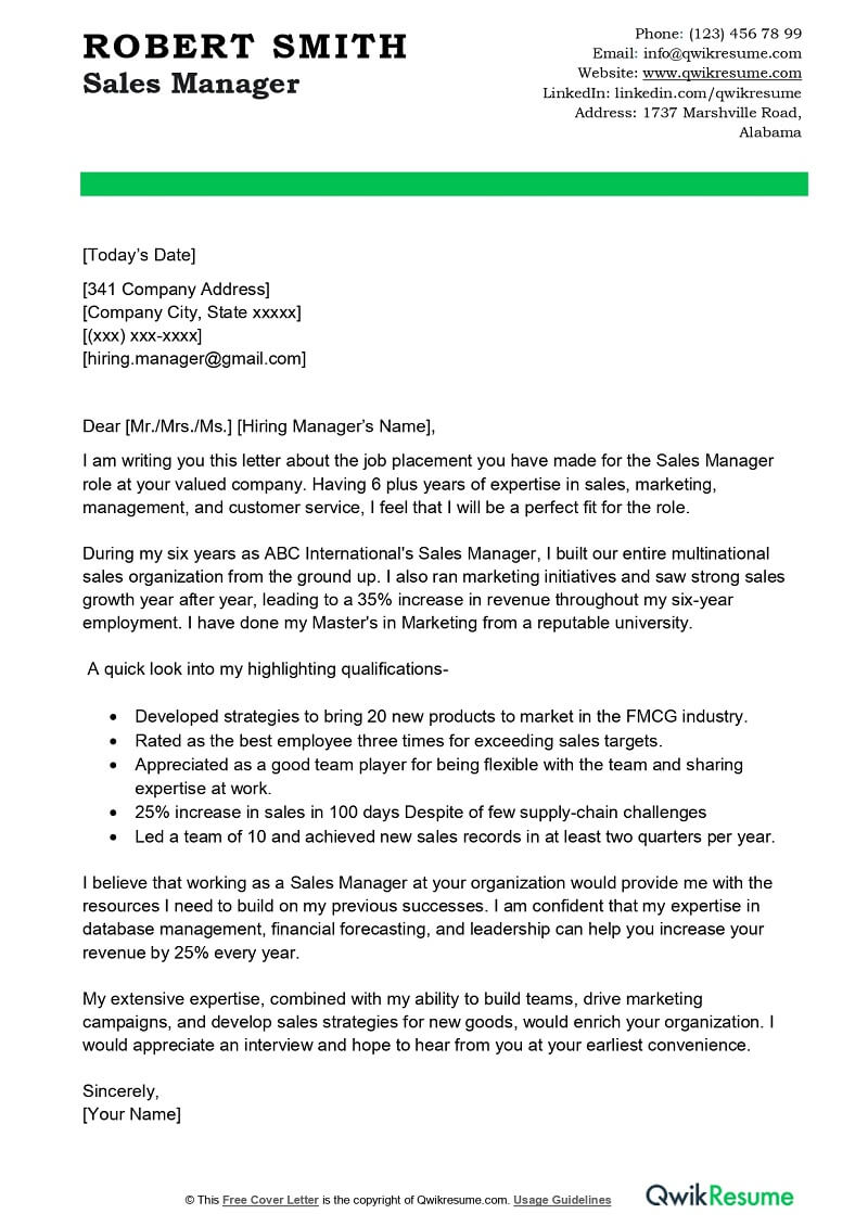 Sales Manager Cover Letter Examples QwikResume