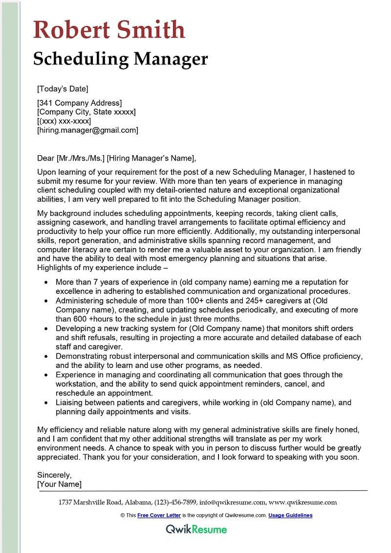 Scheduling Manager Cover Letter Examples QwikResume