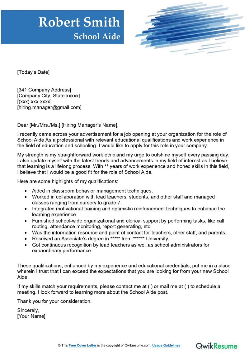 School Aide Cover Letter Examples QwikResume