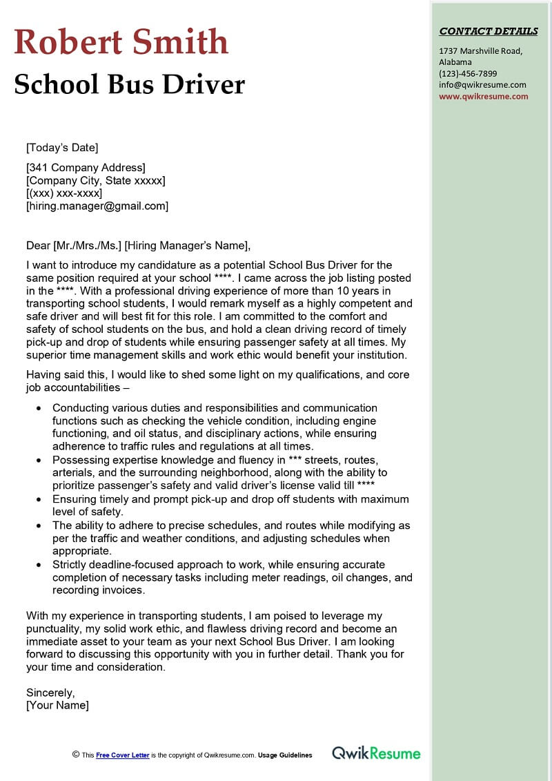 School Bus Driver Cover Letter Examples QwikResume