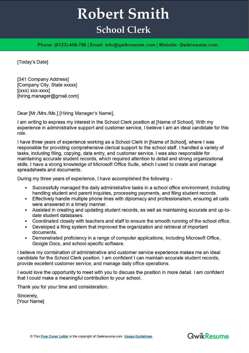 School Clerk Cover Letter Examples QwikResume