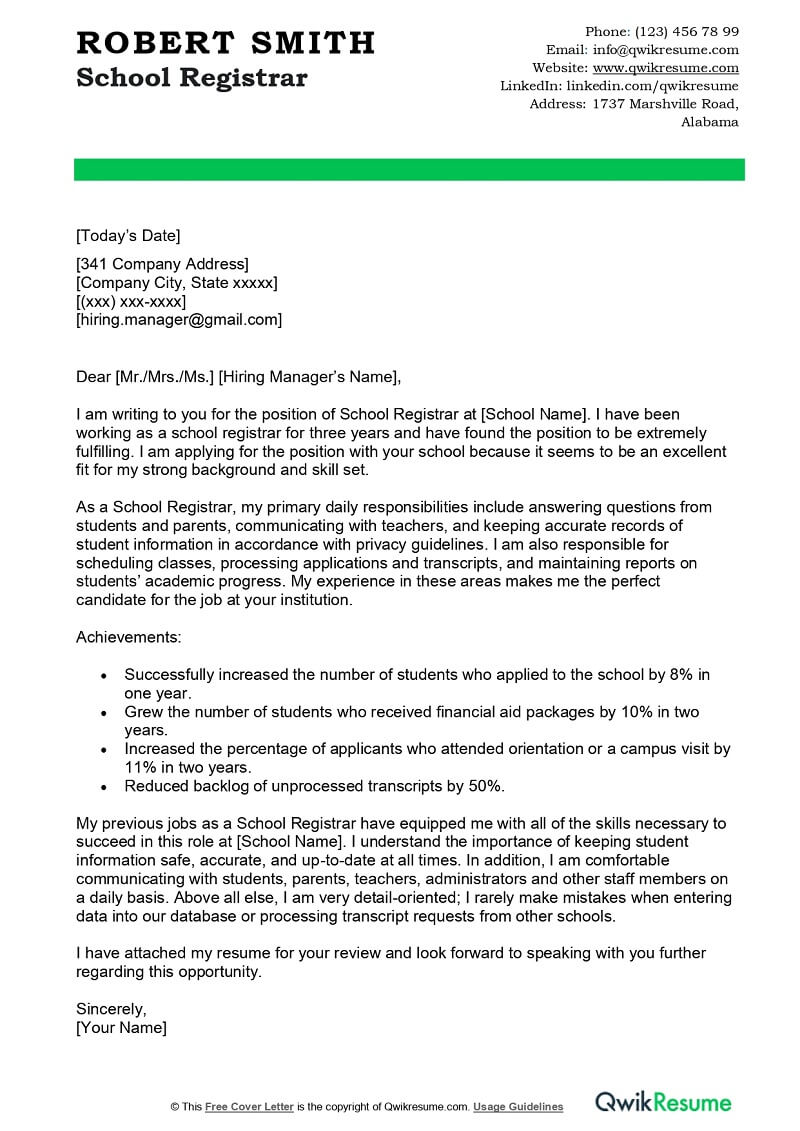 School Registrar Cover Letter Examples QwikResume