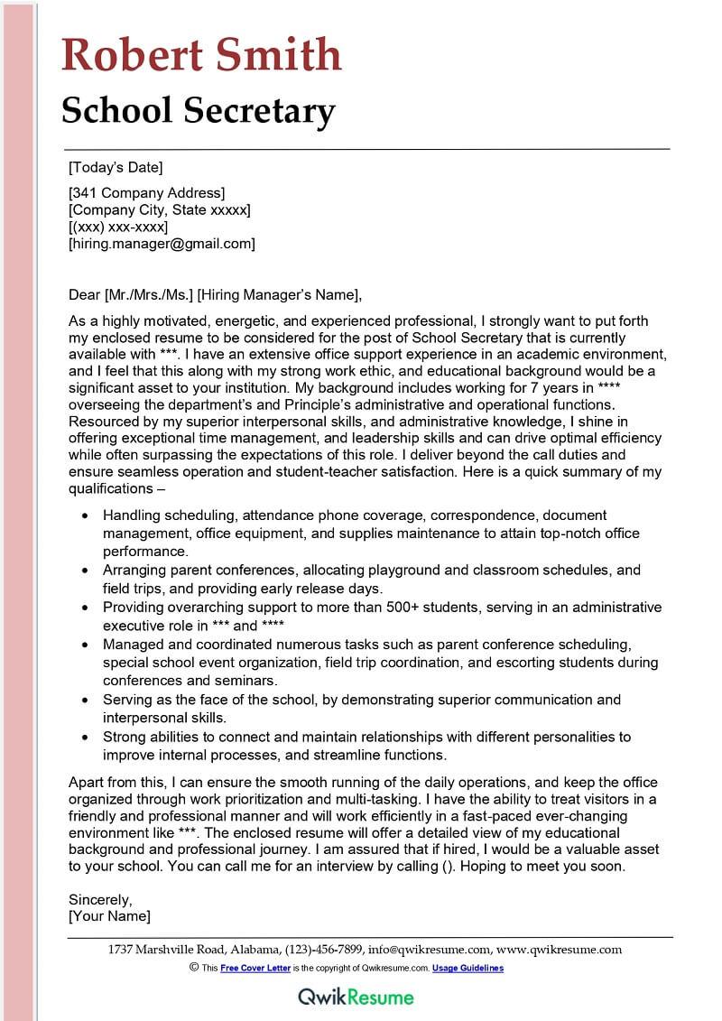 School Secretary Cover Letter Examples QwikResume