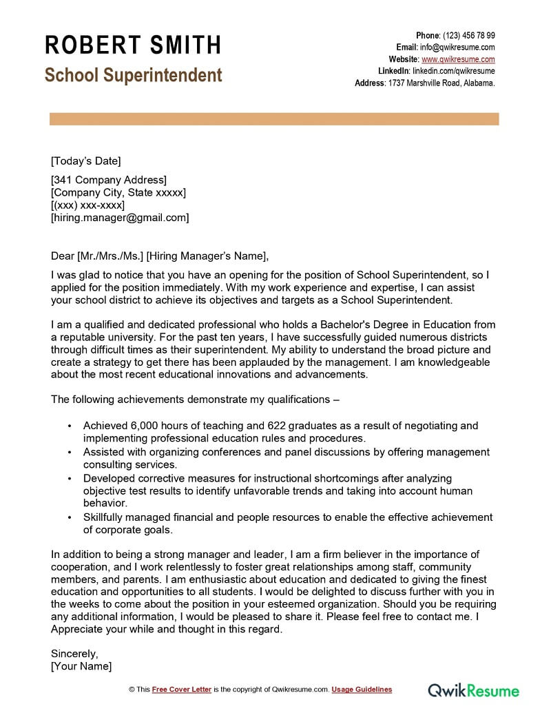 School Superintendent Cover Letter Examples QwikResume
