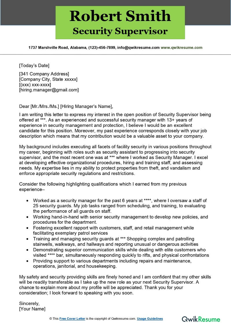 Security Supervisor Cover Letter Examples QwikResume
