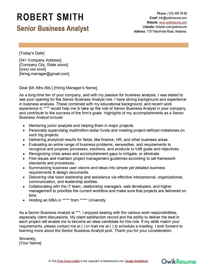 Senior Business Analyst Cover Letter Examples QwikResume