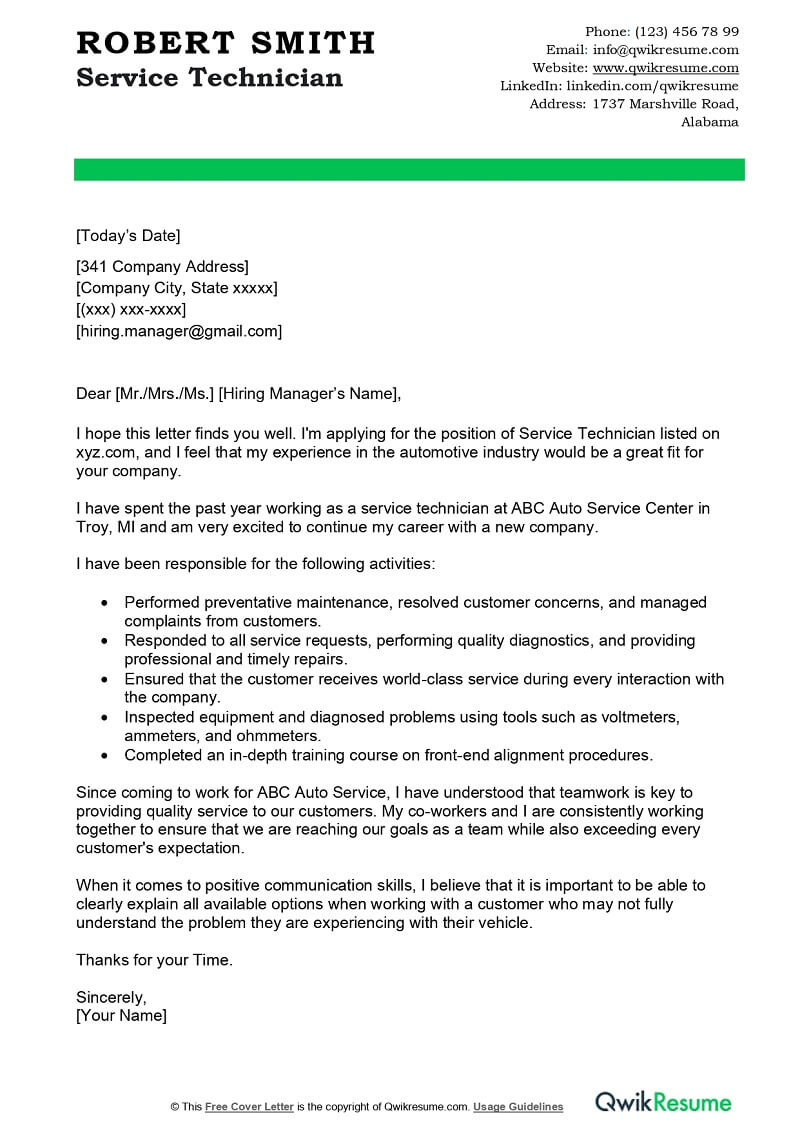 Service Technician Cover Letter Examples QwikResume
