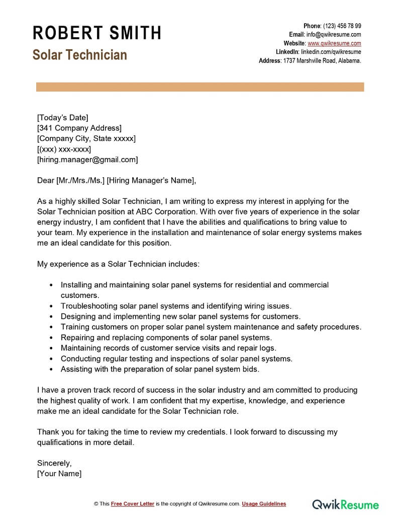Solar Technician Cover Letter Examples QwikResume