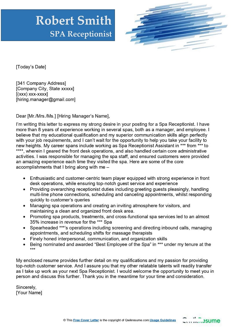 Spa Receptionist Cover Letter Examples QwikResume Spa Receptionist Cover Letter Examples QwikResume