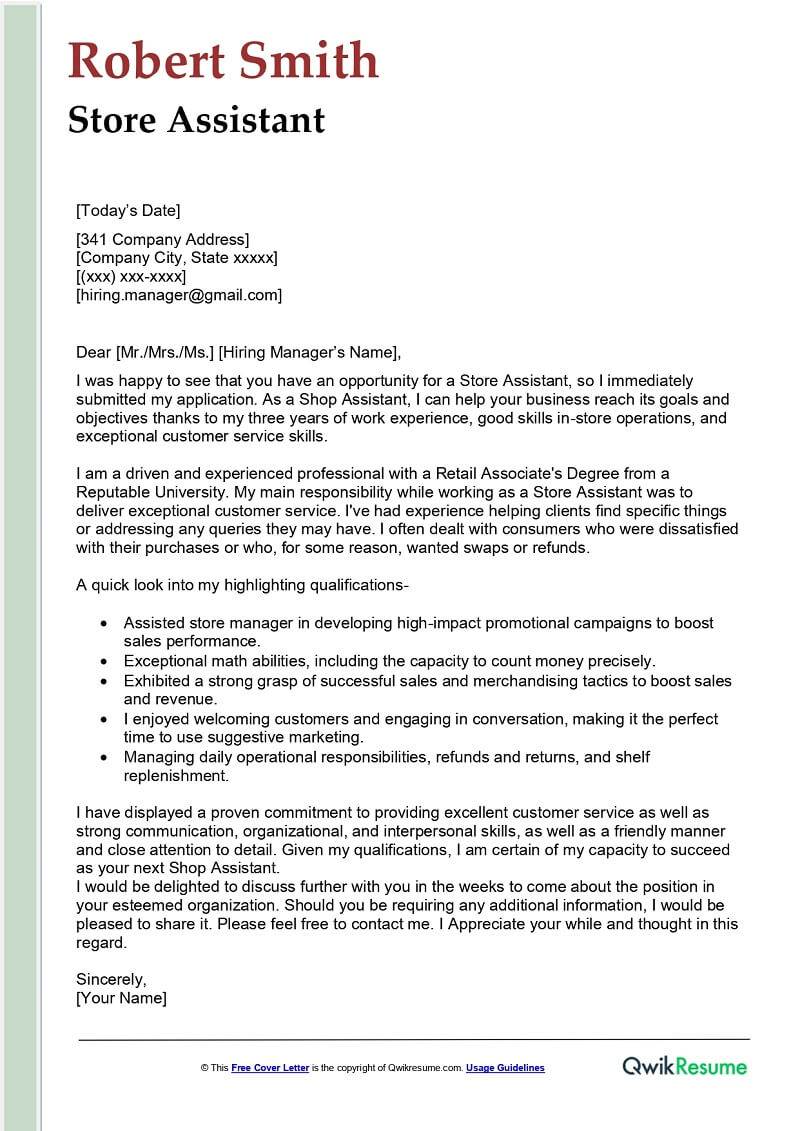 Store Assistant Cover Letter Examples QwikResume