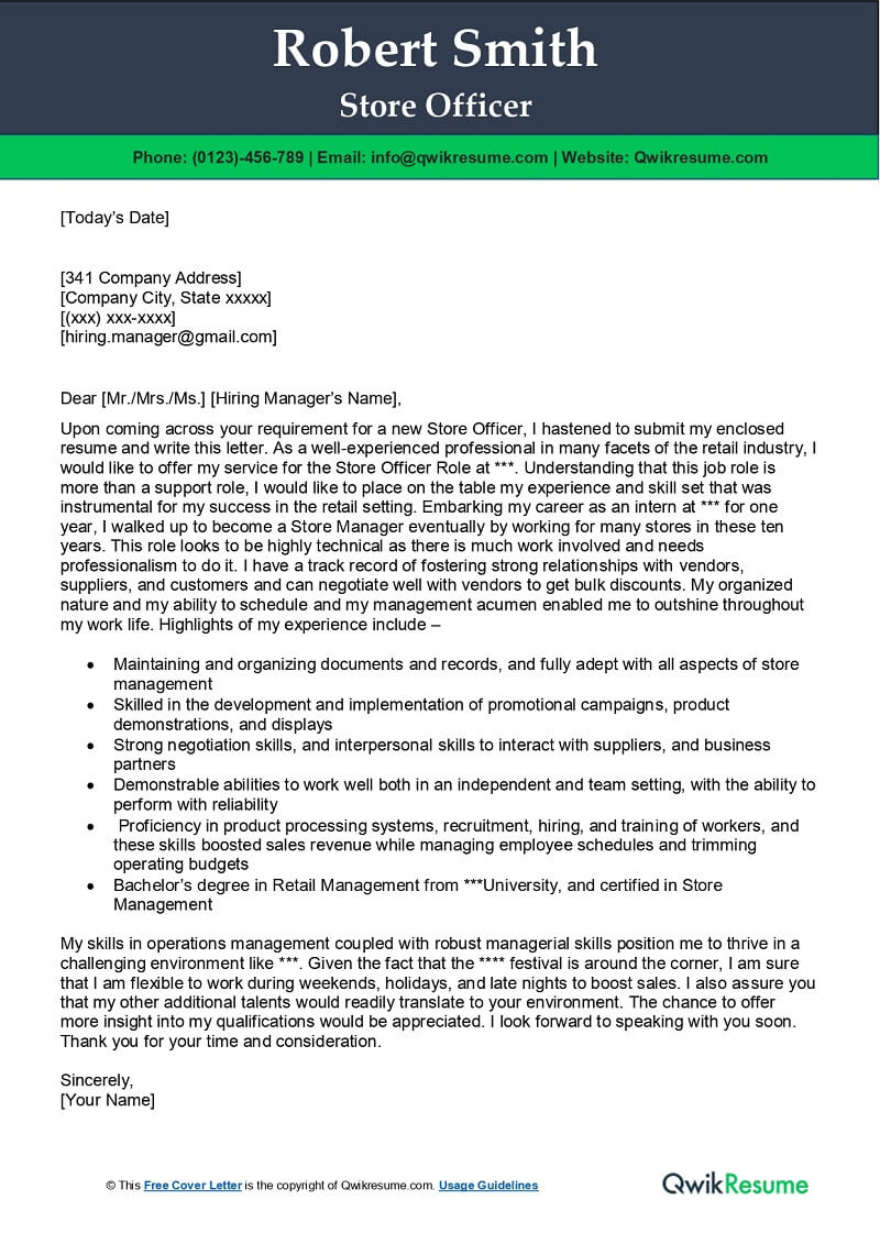 Store Officer Cover Letter Examples QwikResume