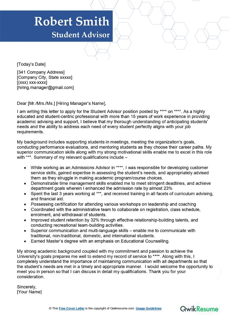 Student Advisor Cover Letter Examples QwikResume