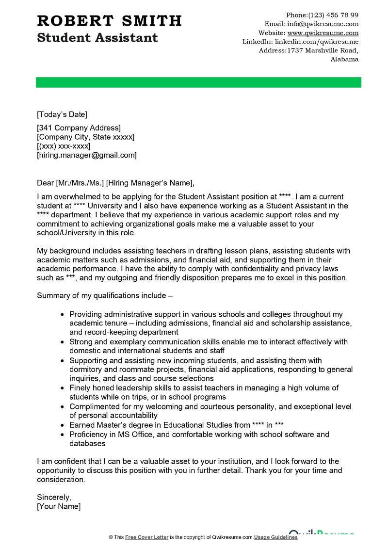Student Assistant Cover Letter Examples QwikResume