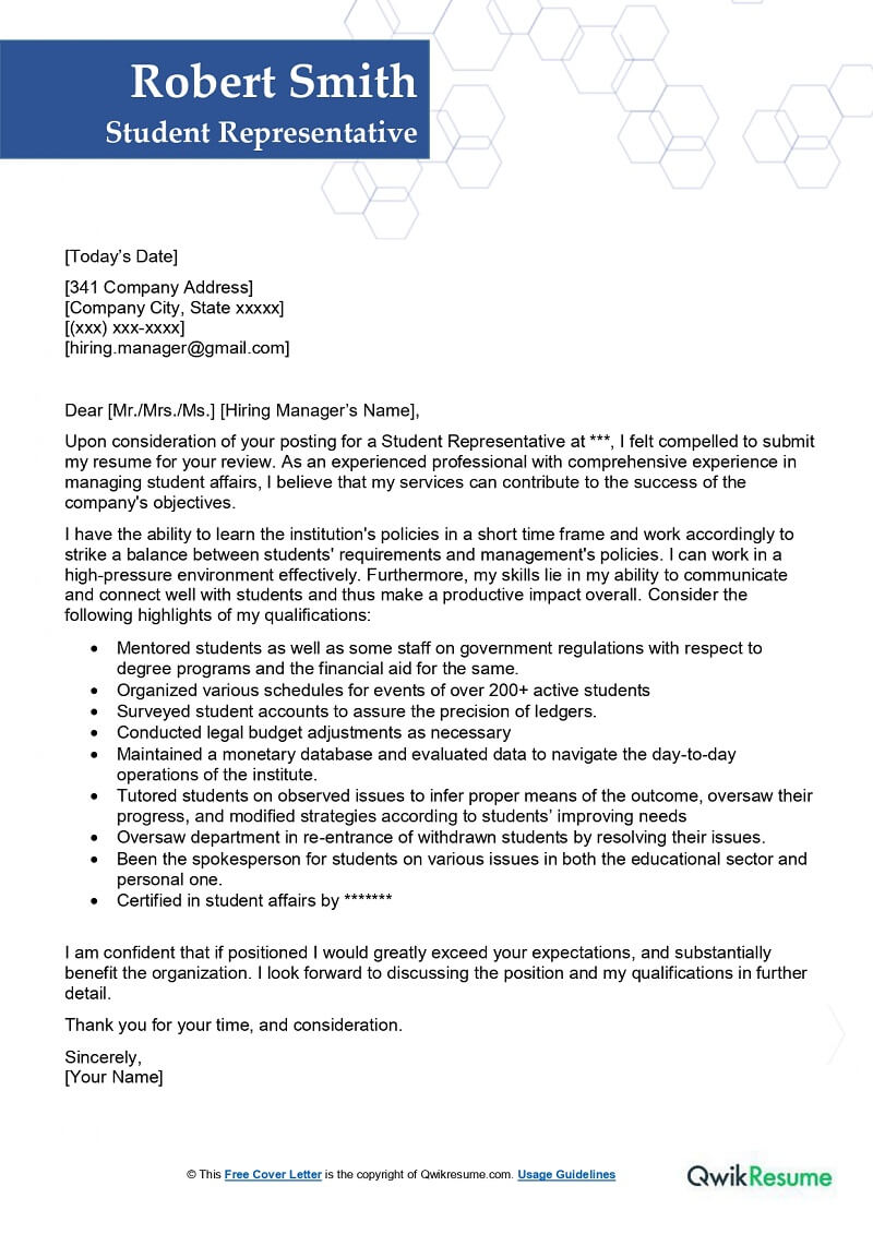 Student Representative Cover Letter Examples QwikResume
