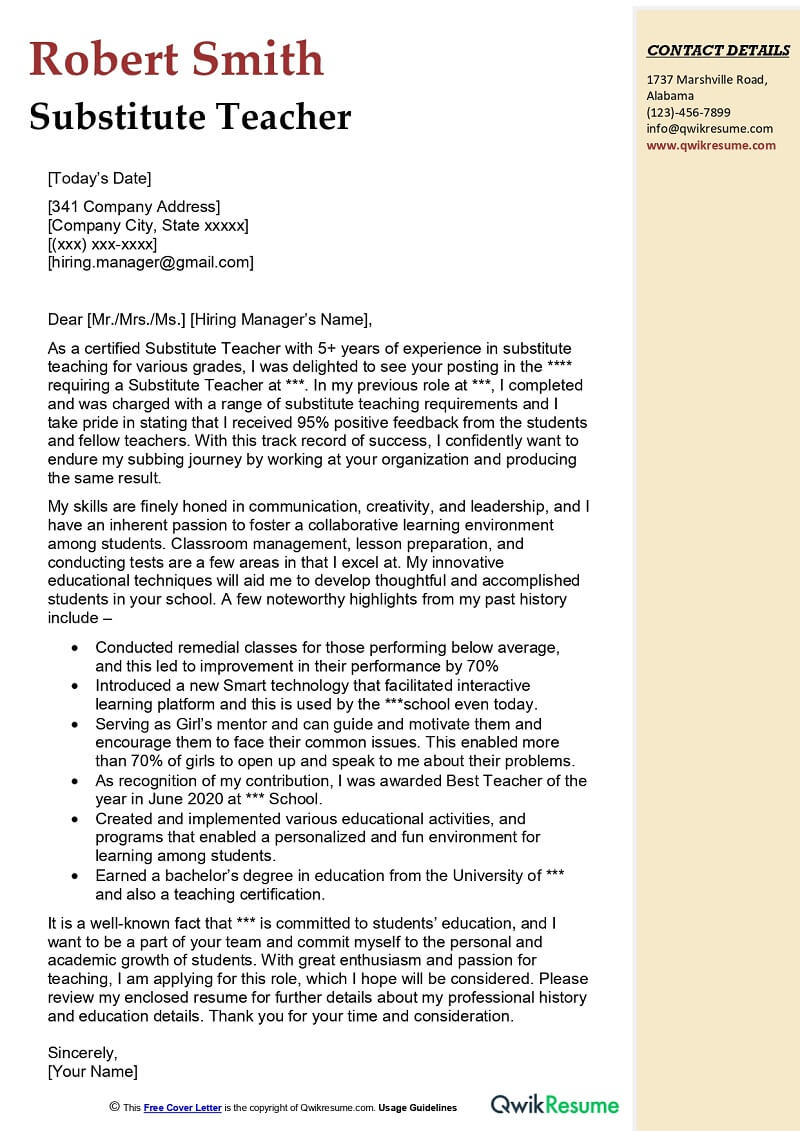 Relief Teacher Cover Letter Examples QwikResume