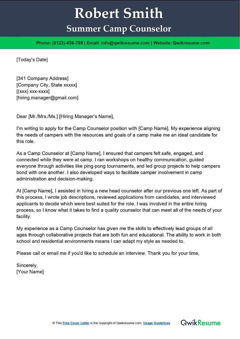 Summer Camp Counselor Cover Letter Examples QwikResume