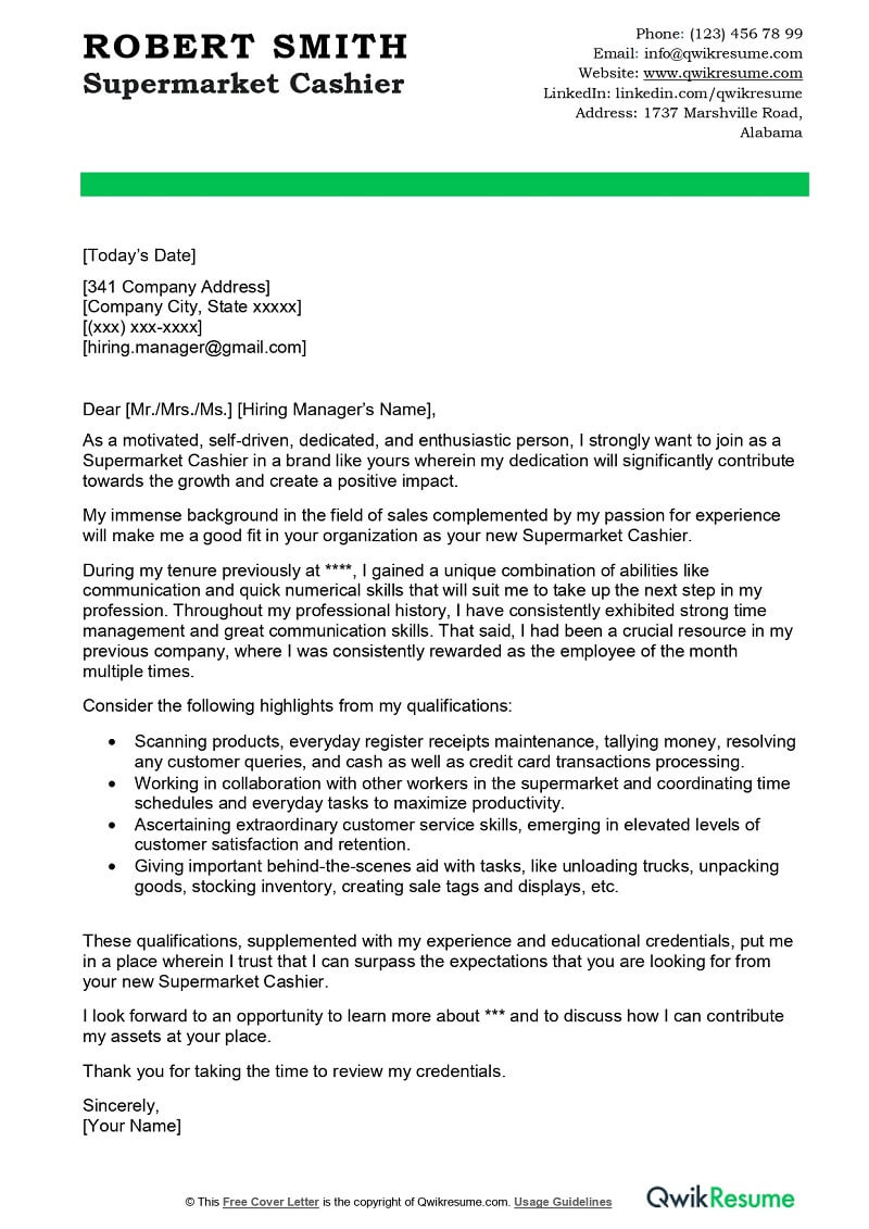 Supermarket Cashier Cover Letter Examples QwikResume
