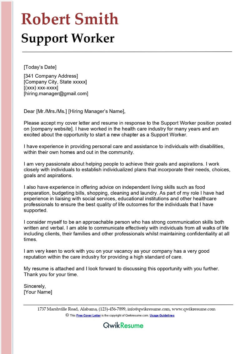 Support Worker Cover Letter Examples QwikResume