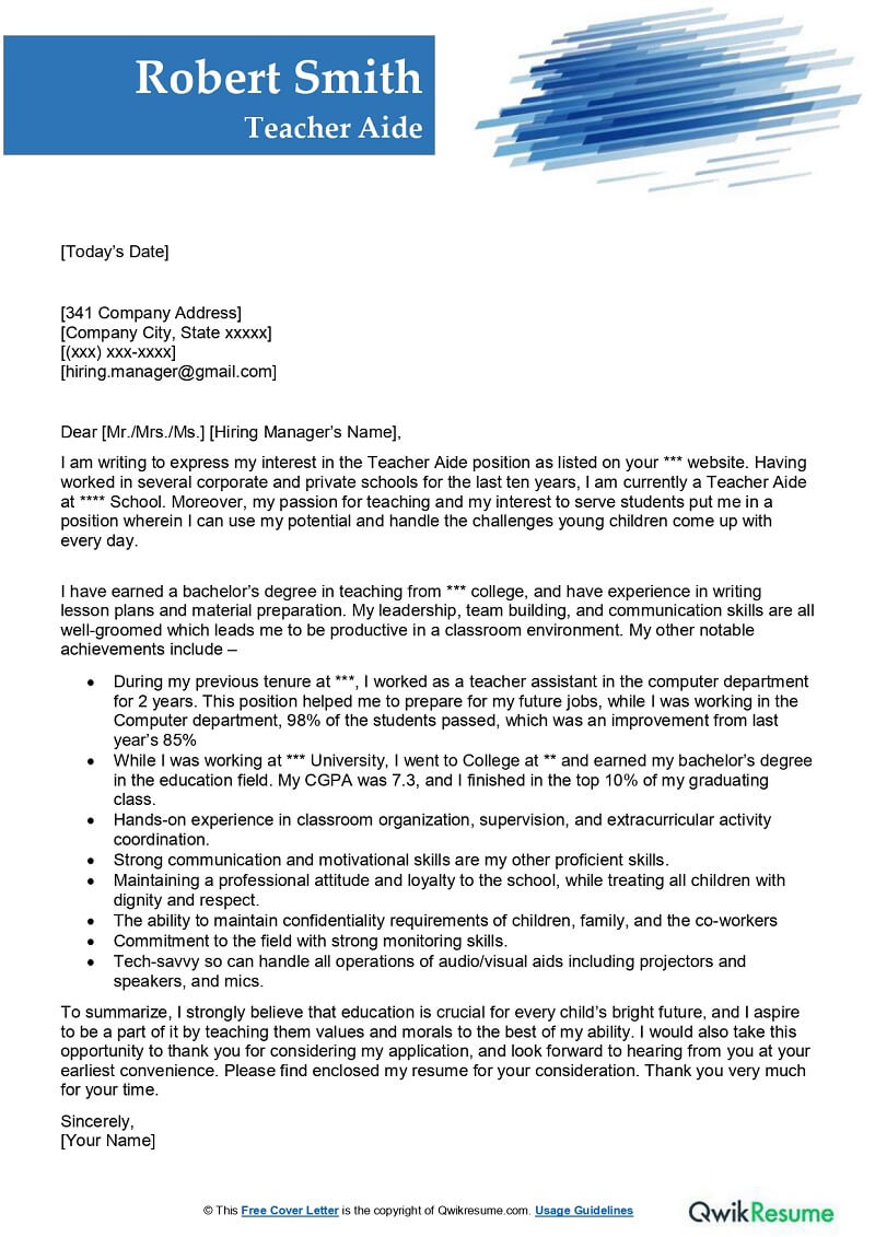 Teacher Aide Cover Letter Examples QwikResume