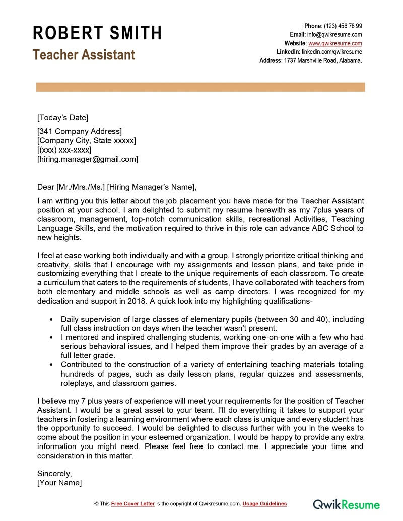 Teacher Assistant Cover Letter Examples QwikResume