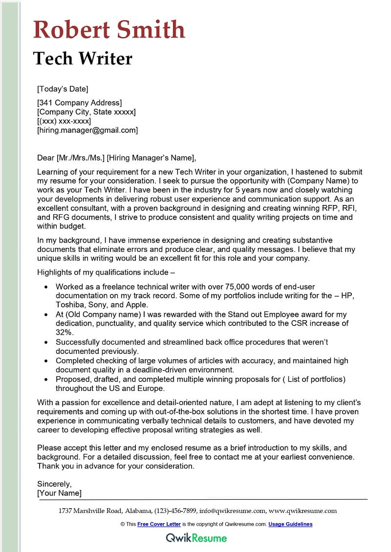 Tech Writer Cover Letter Examples QwikResume