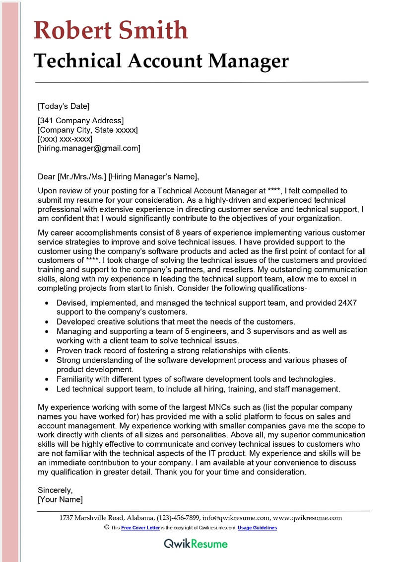 Technical Account Manager Cover Letter Examples QwikResume