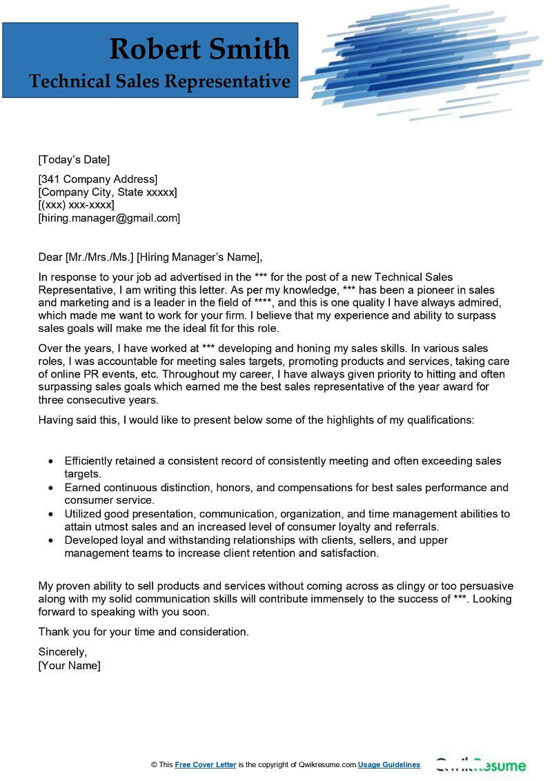 Technical Sales Representative Cover Letter Examples QwikResume
