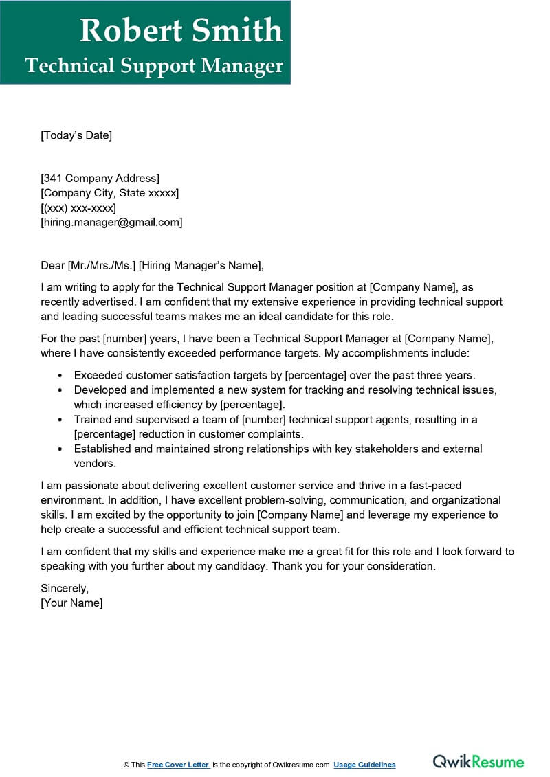 Technical Support Manager Cover Letter Examples QwikResume