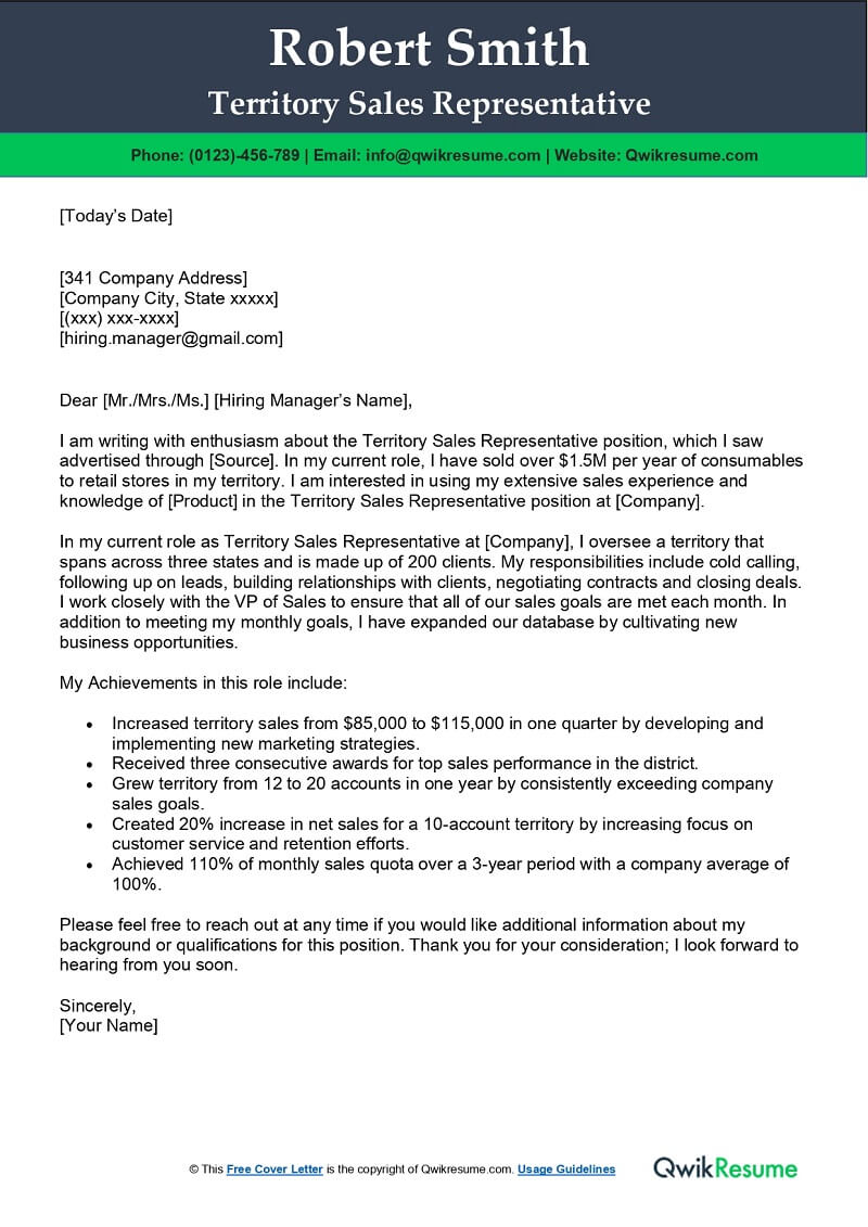 Territory Sales Representative Cover Letter Examples QwikResume