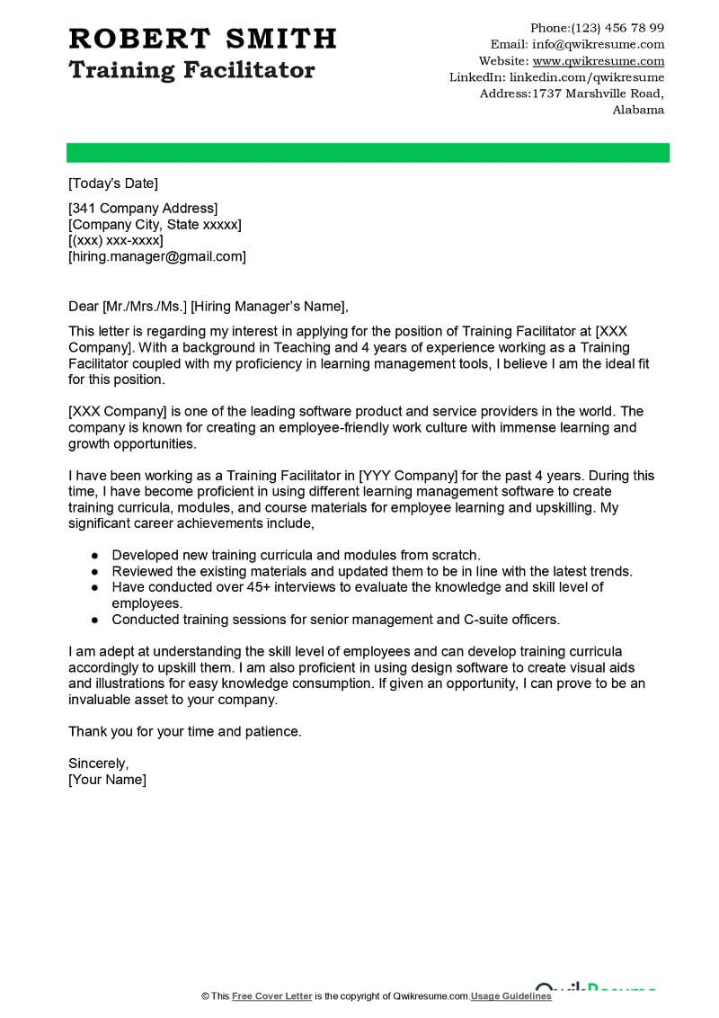 Training Facilitator Cover Letter Examples QwikResume