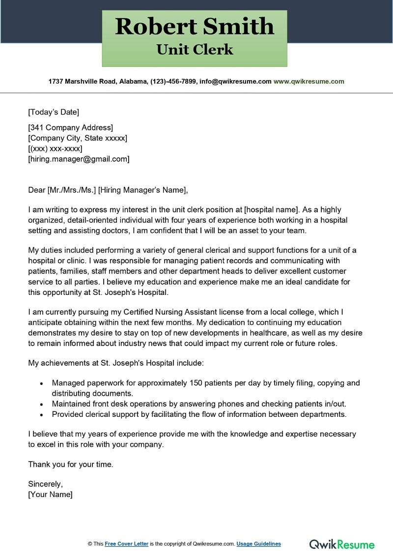 Unit Clerk Cover Letter Examples QwikResume