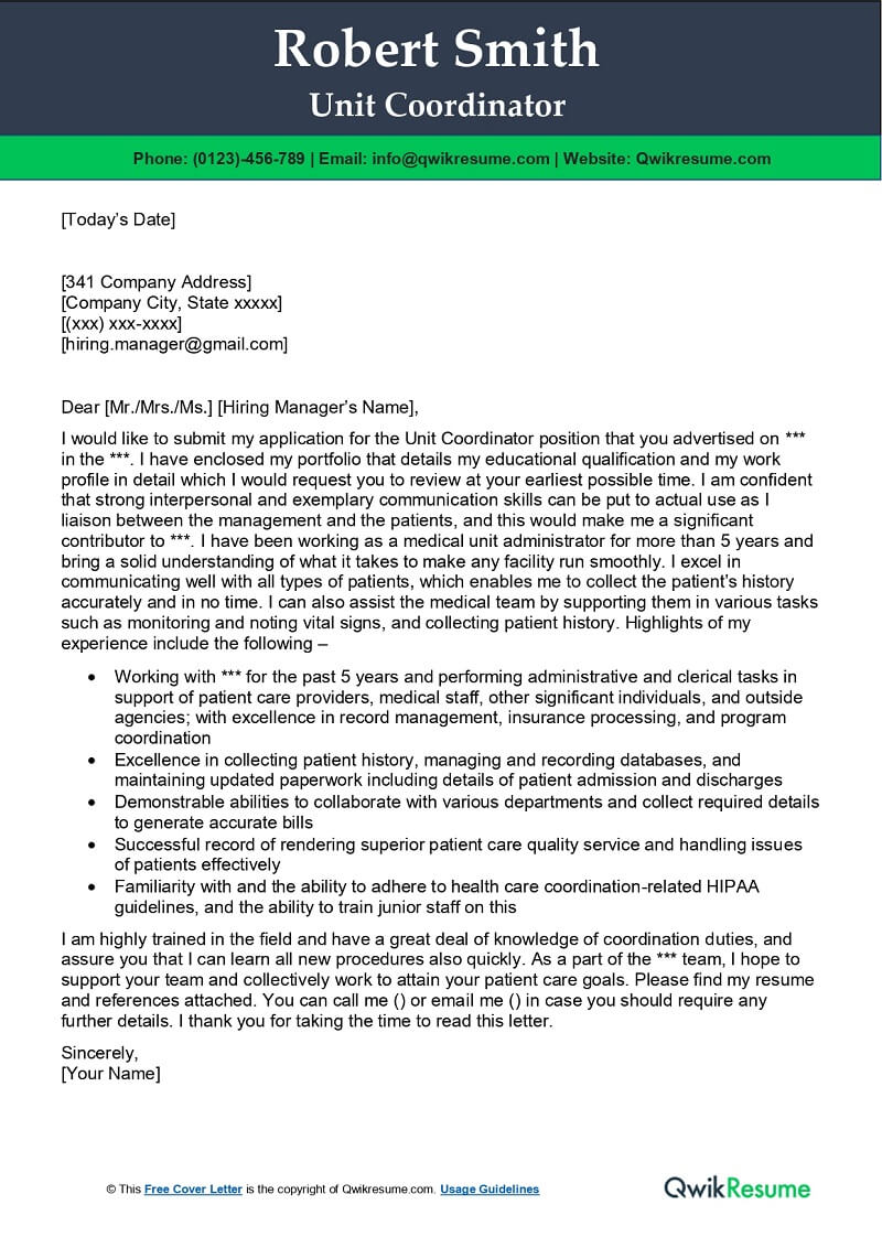 Unit Coordinator Cover Letter Examples QwikResume