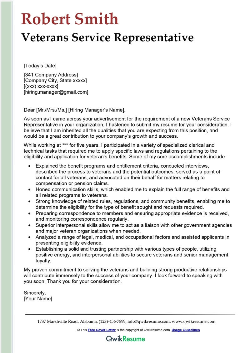 Veterans Service Representative Cover Letter Examples QwikResume