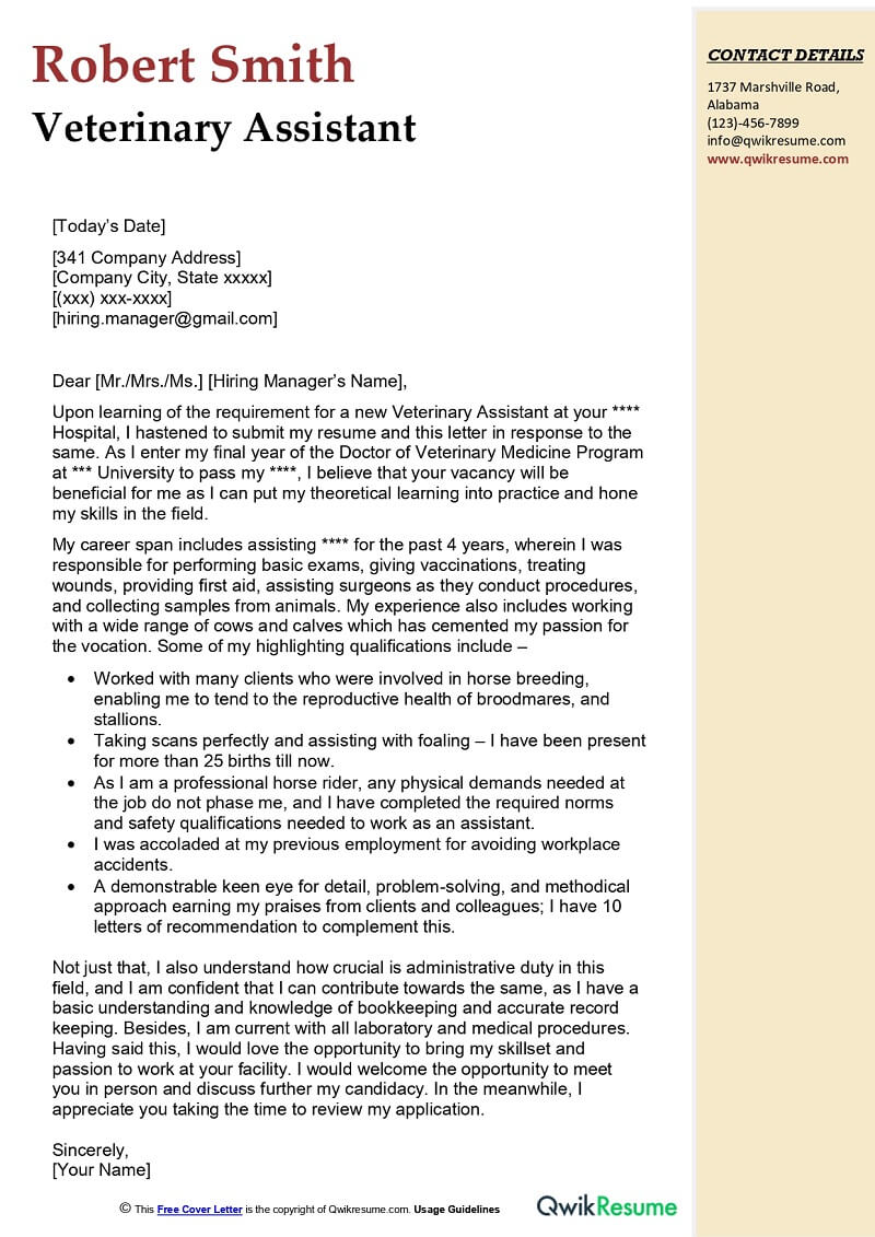 Veterinary Assistant Cover Letter Examples QwikResume